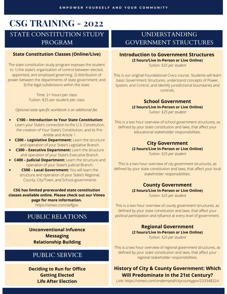Center for Self Governance Class Offerings - Center For Self Governance